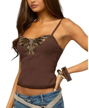 EDIKTED Sequin Butterfly Ribbed Tank Top