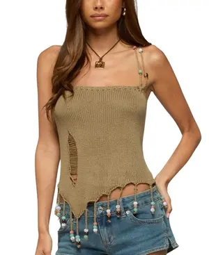 EDIKTED Fernie Bead Fringe Knit Top