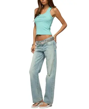 EDIKTED Aquaramine Rhinestone Ribbed Tank Top