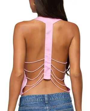 EDIKTED Satin Effect Backless Bead Chain Top - Pink