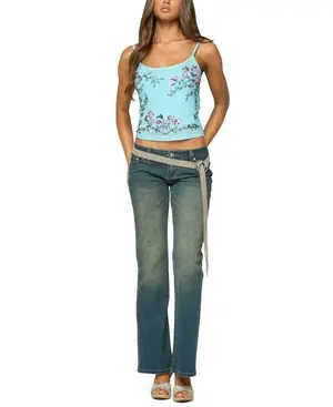 EDIKTED Blair Floral Bead & Sequin Mesh Top