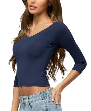 EDIKTED Cecilie Three-quarter Sleeve V Neck Top - Navy