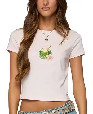 EDIKTED Coconut Beaded Cropped T-shirt
