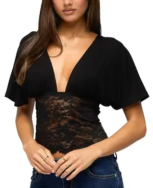 EDIKTED Jaeda Lace Flutter Plunge Top - Black