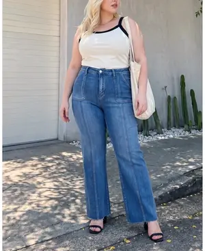 BAYEAS High Rise Straight Leg Raw Edge Denim Jeans