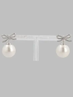 SELF-PORTRAIT Crystal And Pearl Bow Earrings - Silver