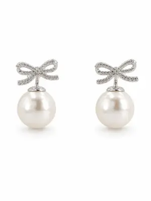SELF-PORTRAIT Crystal And Pearl Bow Earrings - Silver