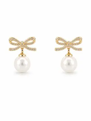 SELF-PORTRAIT Crystal Bow And Pearl Drop Earrings - Gold