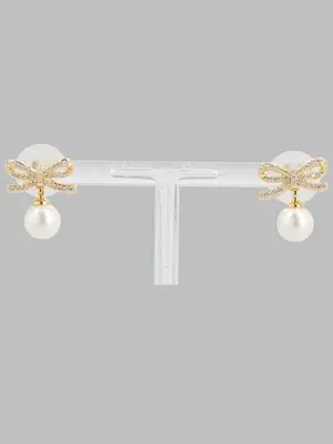 SELF-PORTRAIT Crystal Bow And Pearl Drop Earrings - Gold