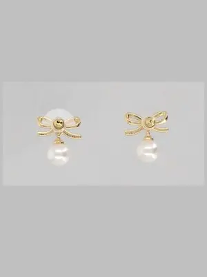 SELF-PORTRAIT Crystal Bow And Pearl Drop Earrings - Gold