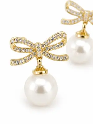 SELF-PORTRAIT Crystal Bow And Pearl Drop Earrings - Gold