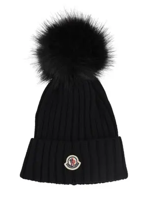 Moncler Ribbed Wool Beanie With Pom Pom - Black