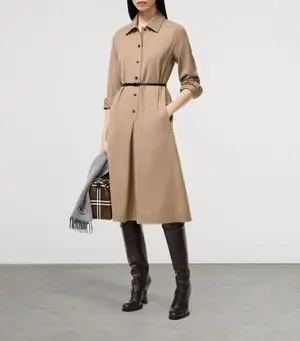 Burberry Wool Midi Shirt Dress With Calfskin Belt