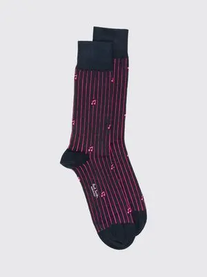 Paul Smith Calf-high Striped Socks With Graphic Print In Cotton Blend - Navy