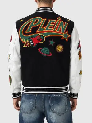Philipp Plein Varsity Bomber Jacket In Polyester With Lambskin Sleeves