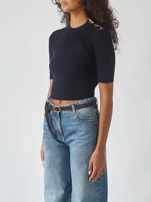 Elisabetta Franchi Ribbed Cropped Sweater With Embellished Shoulders