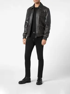 Philipp Plein Leather Bomber Jacket With Classic Collar And Patch Pockets - Grey