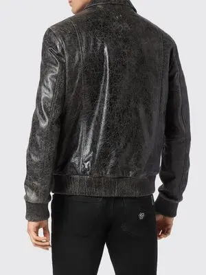 Philipp Plein Leather Bomber Jacket With Classic Collar And Patch Pockets - Grey