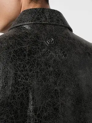 Philipp Plein Leather Bomber Jacket With Classic Collar And Patch Pockets - Grey
