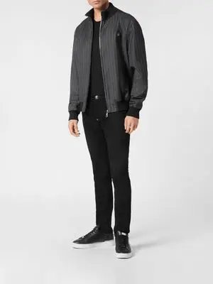 Philipp Plein Pinstripe Virgin Wool Varsity Bomber Jacket With Hexagon Logo
