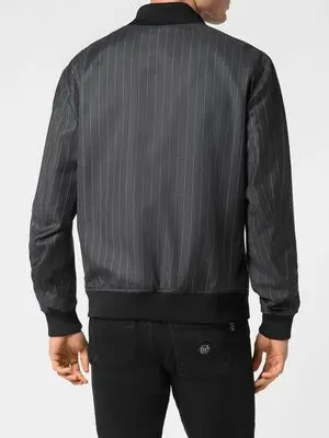 Philipp Plein Pinstripe Virgin Wool Varsity Bomber Jacket With Hexagon Logo