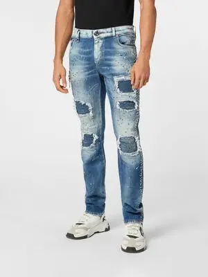 Philipp Plein Slim Fit Distressed Stretch Denim Jeans With Hexagon Logo - Blue