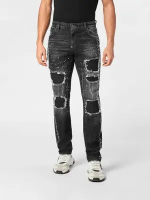 Philipp Plein Slim Fit Distressed Stretch Denim Jeans With Hexagon Logo - Grey