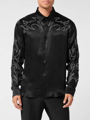 Philipp Plein Slim Fit Silk Shirt With Flame Print And Rhinestones - Black
