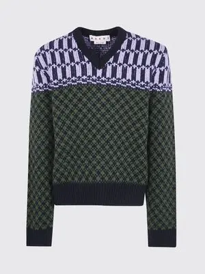 Marni V-neck Jumper In Pure Wool With An All-over Geometric Pattern