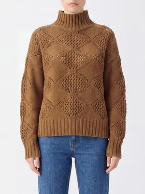 Liu Jo Open-knit Roll Neck Jumper In Wool Blend With Back Logo - Brown