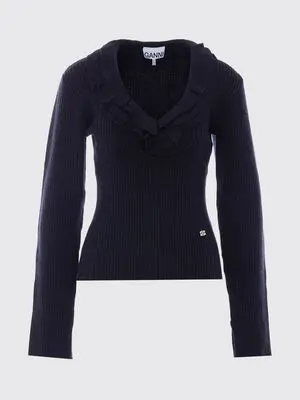 GANNI Ribbed Knit Sweater With Ruffle Neck
