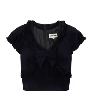 SHUSHU/TONG Velvet Bow-tie Ruffle Cropped Top - Blue