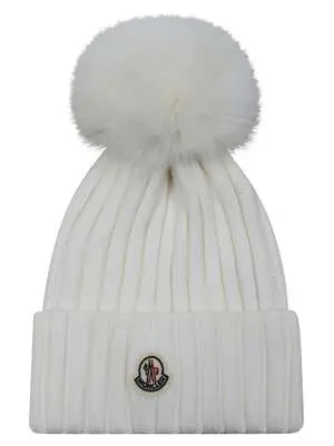 Moncler Ribbed Beanie With Fur Pom-pom - Bianco