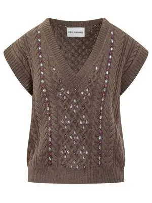 DES_PHEMMES Embellished V-neck Cable Knit Vest - Chocolate