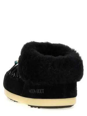 Moon Boot Suede & Shearling Mule Ankle Boots With Beaded Tie Fastening