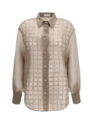 Brunello Cucinelli Sheer Checked Shirt With Sequins - Cream