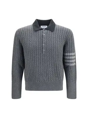 Thom Browne 4-bar Cable-knit Long-sleeve Polo Sweater - Gray