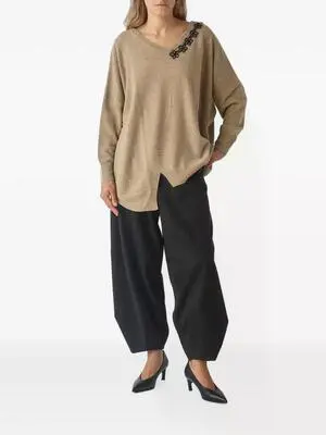 MEIMEIJ Asymmetrical V-neck Sweater With Embellished Neckline