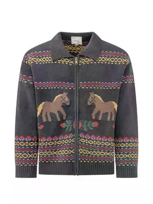 FOUND Isles Horse-intarsia Zip-up Cardigan - Blue