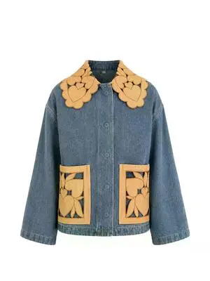 Farm Rio Barn Heart-cutout Denim Jacket With Corduroy Collar - Blue