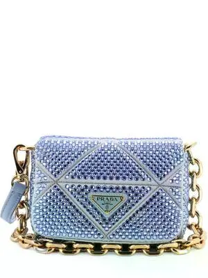 Prada Triangle Chain Flap Bag Crystal Embellished Quilted Satin Shoulder Bag