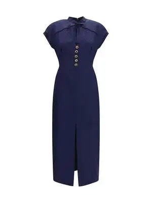 Alessandra Rich Silk Midi Dress With Contrast Piping - Blue