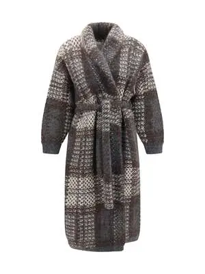Brunello Cucinelli Macrocheck Mohair Blend Coat With Belt - Gray
