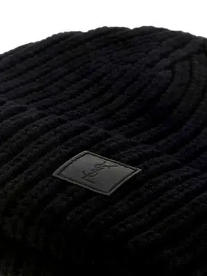 Saint Laurent Ribbed-knit Logo-patch Beanie Hat - Black