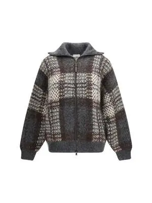 Brunello Cucinelli Checked Wool Zip Cardigan With Sequins