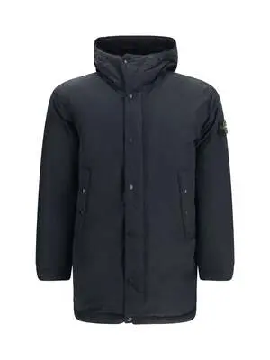 Stone Island Long Down Jacket With Hood - Black