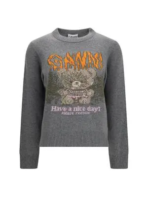 GANNI Teddy Wool Crewneck Sweater - Gray
