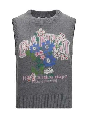GANNI Wool Floral Knit Vest - Gray