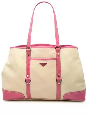 Prada 2013-2026 Studded Leather Trimmed Canvas Front Pocket Tote Satchel