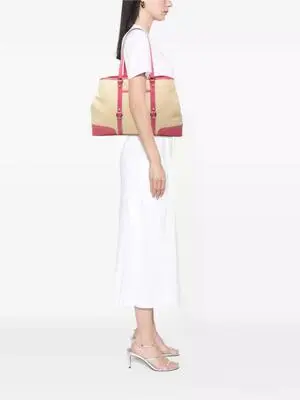 Prada 2013-2026 Studded Leather Trimmed Canvas Front Pocket Tote Satchel
